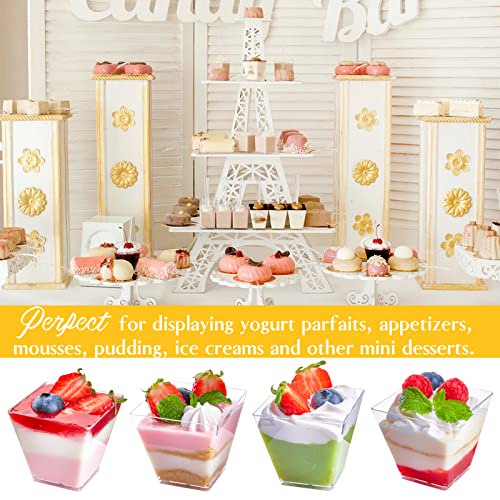 Qeirudu 50 Pack 3.5 oz Square Plastic Dessert Cups with Spoons, Mini Appetizer Cups Clear Parfait Shooter Cups for Tasting Party Small Desserts