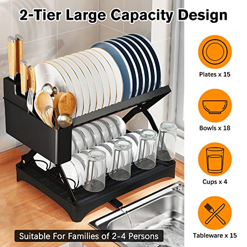 COALA HOLA Collapsible Dish Drying Rack 2 Tier Dish Drainers for Kitchen Counter with Folding Drainboard, Swivel Spout Cup Holder Utensil Knife Holder Stainless Steel -Black