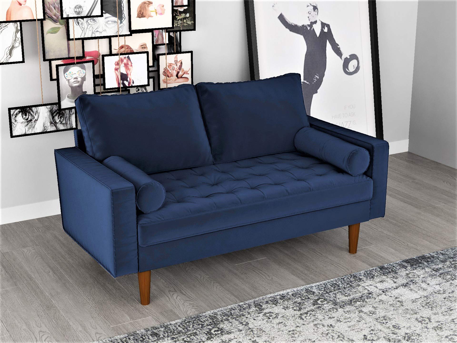 Container Furniture Direct Womble Velvet Upholstered Living Room Diamond Tufted Chesterfield Loveseat With Gleaming Nailhead, Space Blue