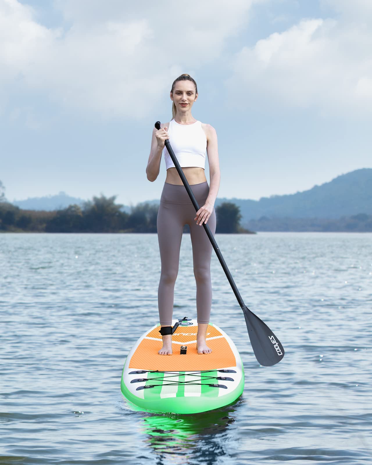 Cooyes 10x30x6 (17.6 lbs) Inflatable Stand Up Paddleboard Sup w/Backpack, Large Fin, Leash, Paddle, Pump, Waterproof Phone Case, Extra-Light for Yoga