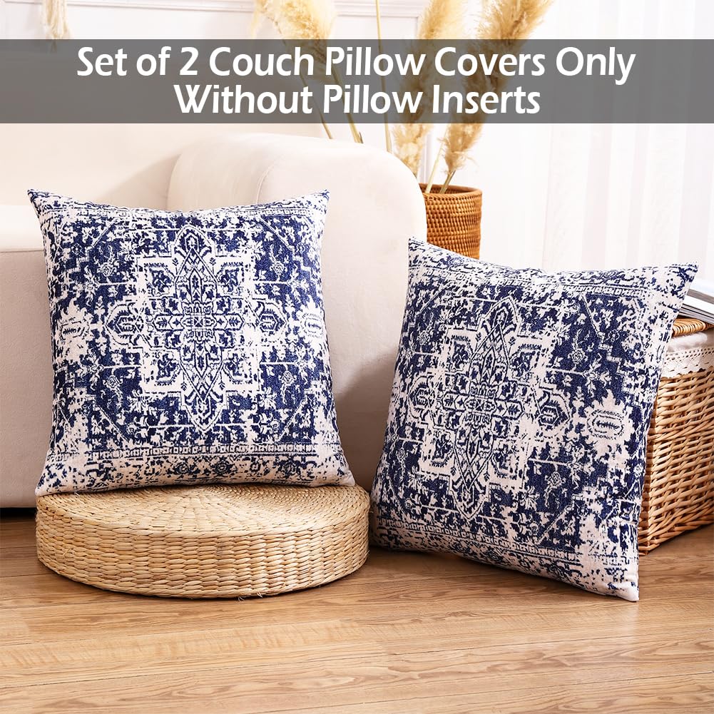 CARRIE HOME Navy Blue and White Farmhouse Decorative Throw Pillow Covers 18x18 Set of 2 Blue Boho Velvet Decorative Pillows 18 x 18 Soft Boho Room Decor for Couch Sofa and Bed