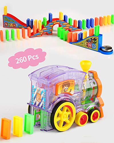 Wellin 260 pcs Blocks Domino Train Toy with Bridge Set Mega Pack Domino Game for 3-12 Years Old Boys Building Blocks Stacking Tile Games (260 pcs Domino Train with Bridge Set)