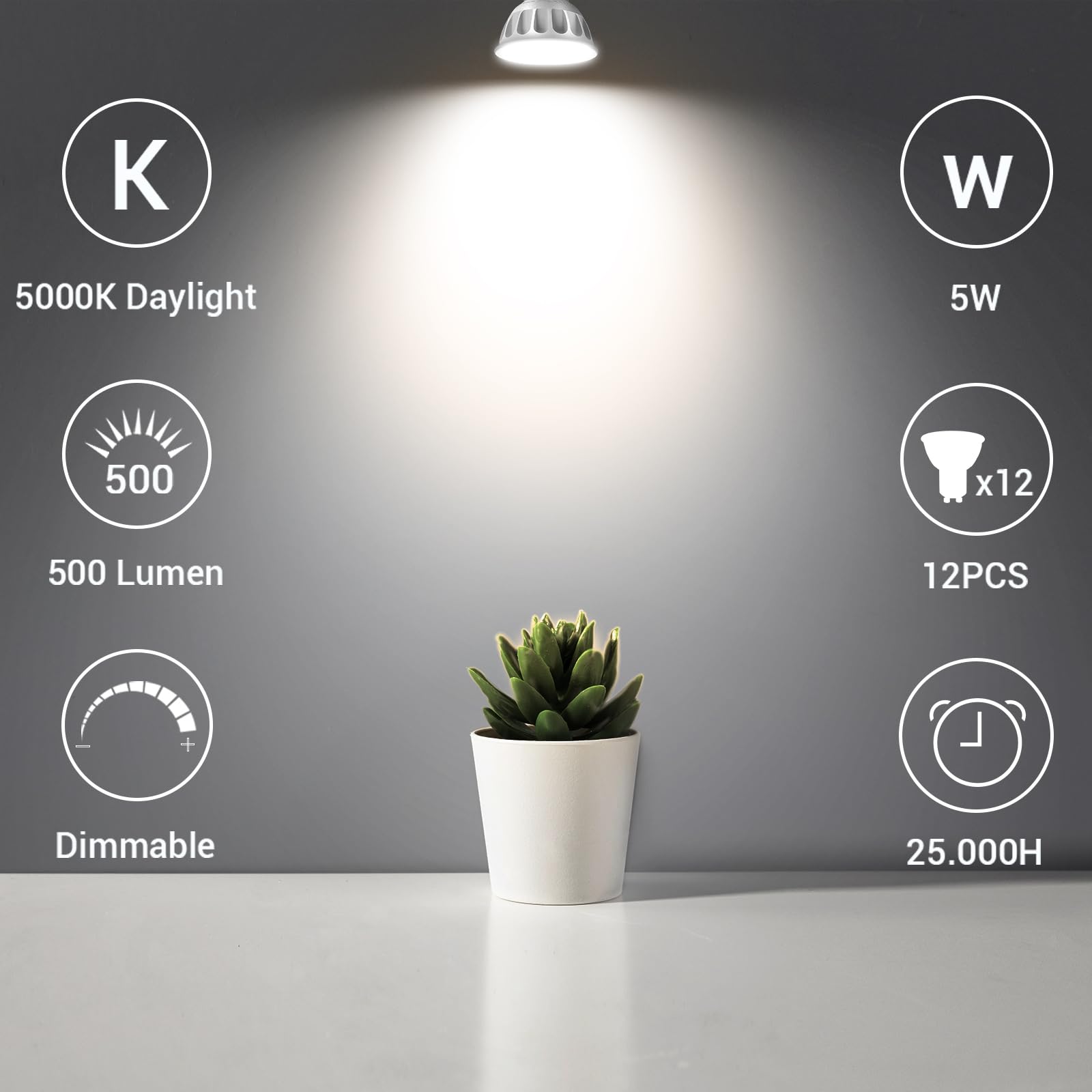GU10 LED Bulb Dimmable, 50W Halogen Equivalent, 5000K Daylight White Natural Light Bulbs, 500LM White Light Bulbs Replacement for Recessed Track Living Room Bathroom Lighting, 5W 12 Pack