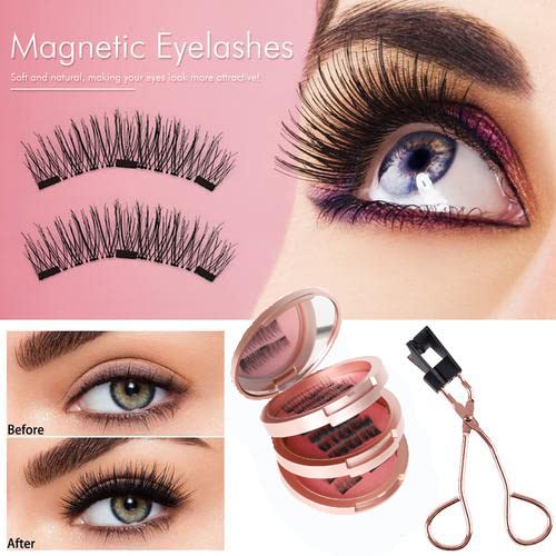 Gemonad Magnetic Eyelashes without Eyeliner 4 Pairs Reusable Dual False Lashes Natural Look 3D Effect Waterproof Fake Eyelash Set with Applicator(4-Pairs/16 Pieces)