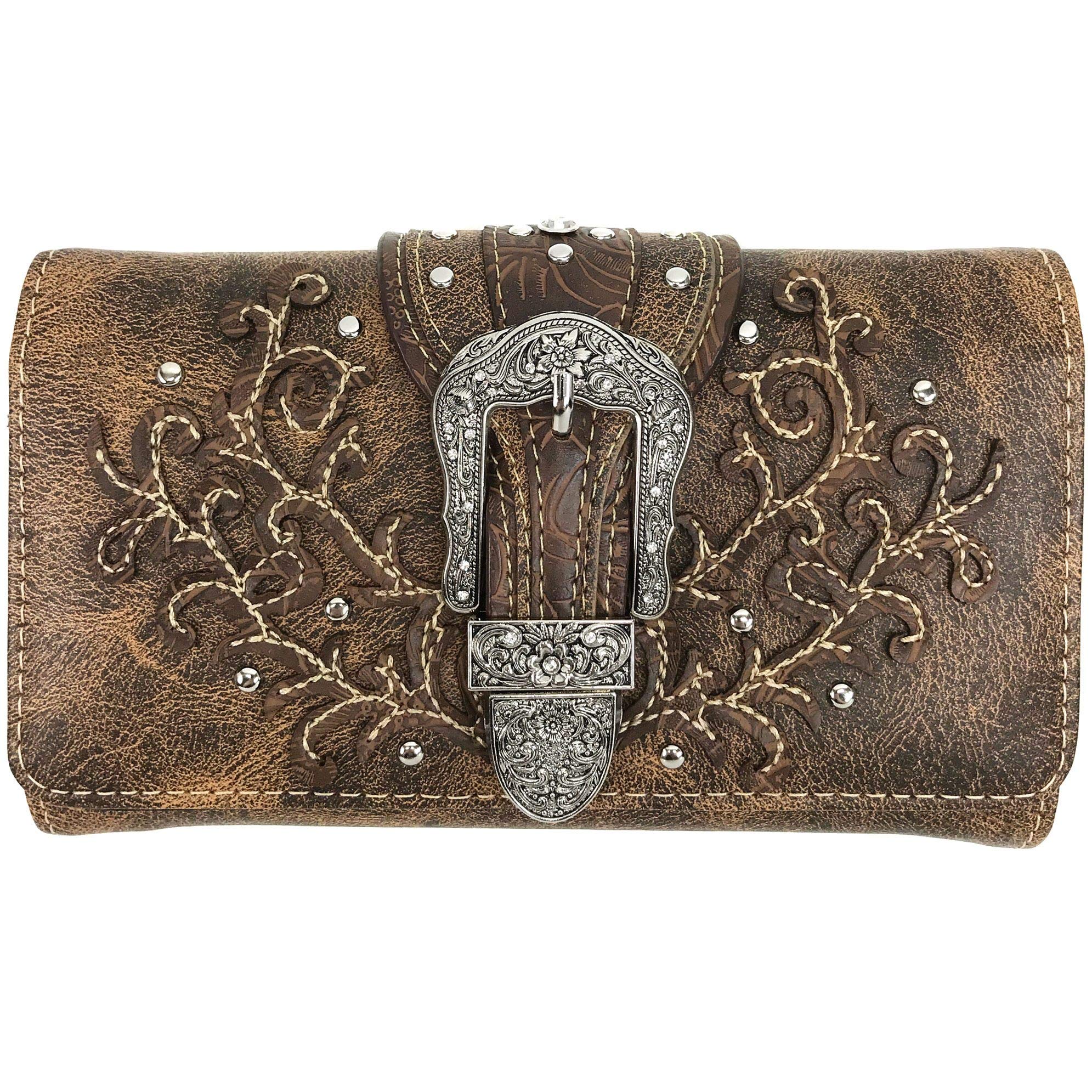 Zelris Western Country Floral Buckle Crossbody Trifold Fold Wallet (Brown)