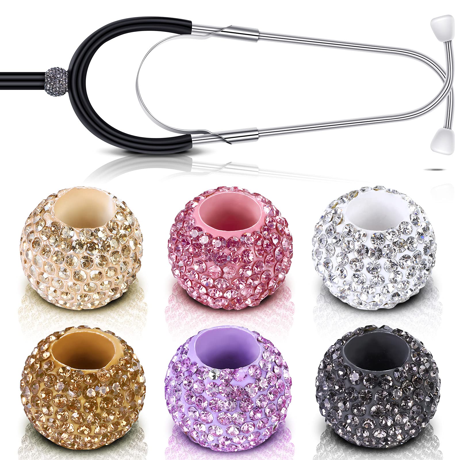 Hicarer 6 Pieces Bling Crystal Stethoscope Charms Nurse Accessories for Work Nurse Vet Crystal Stethoscope Decorations Multiple Colors, Purple, White, Gold, Pink, Black, Yellow