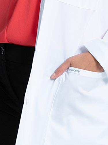 Cherokee Women's Scrub Lab Coat with Button Up Front, 3 Pockets Modern Classic fit and Mechanical Stretch Fabric CK421, XXS, White