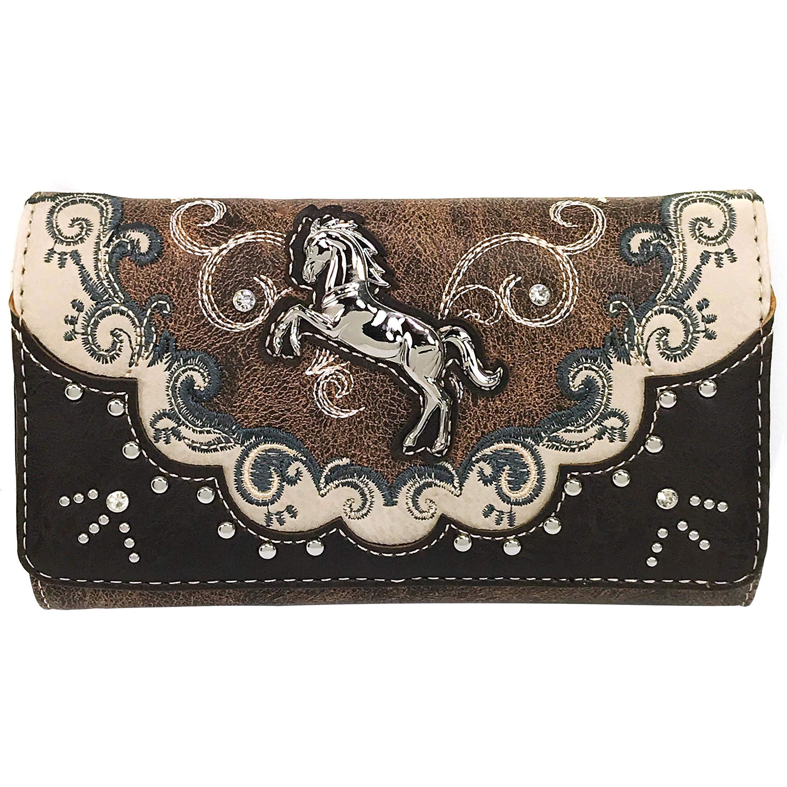Zelris Western Mustang Horse Turquoise Women Crossbody Wrist Trifold Wallet (Brown)