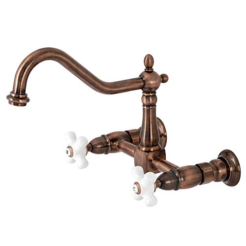 Kingston Brass KS124PXAC Heritage Two-Handle Wall Mount Bridge Kitchen Faucet, Antique Copper
