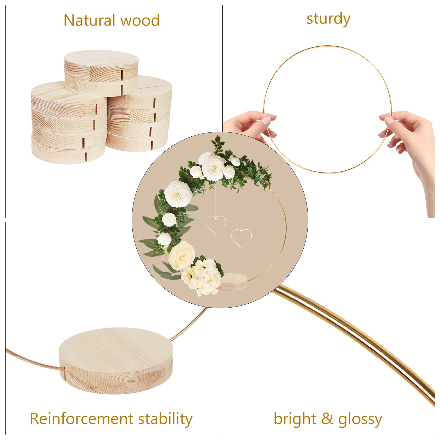 GUDELAK 12 Set 12 Inch Floral Hoop Centerpiece Table Decorations with 2 Heart Shaped Acrylic, Gold Wedding Centerpieces with Wood Round Base for DIY Wedding Decor Wall Hanging Crafts