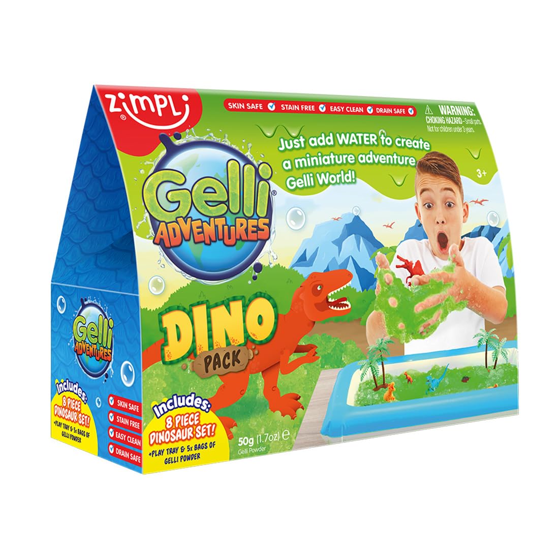 Zimpli Kids Gelli Adventures Dino Pack, 5 Use, 8 x Dinosaur Figures, Inflatable Tray, Imaginative Prehistoric Dinosaur Playset, Educational Science Kit for Boys and Girls, Children's Role Play Toy