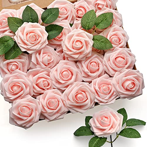 Mocoosy 50pcs Artificial Rose Flowers, Pink Roses Blush Real Touch Foam Fake Rose Bulk with Stem for Wedding Bouquets Centerpieces Wedding Shower Party Home DIY Decoration