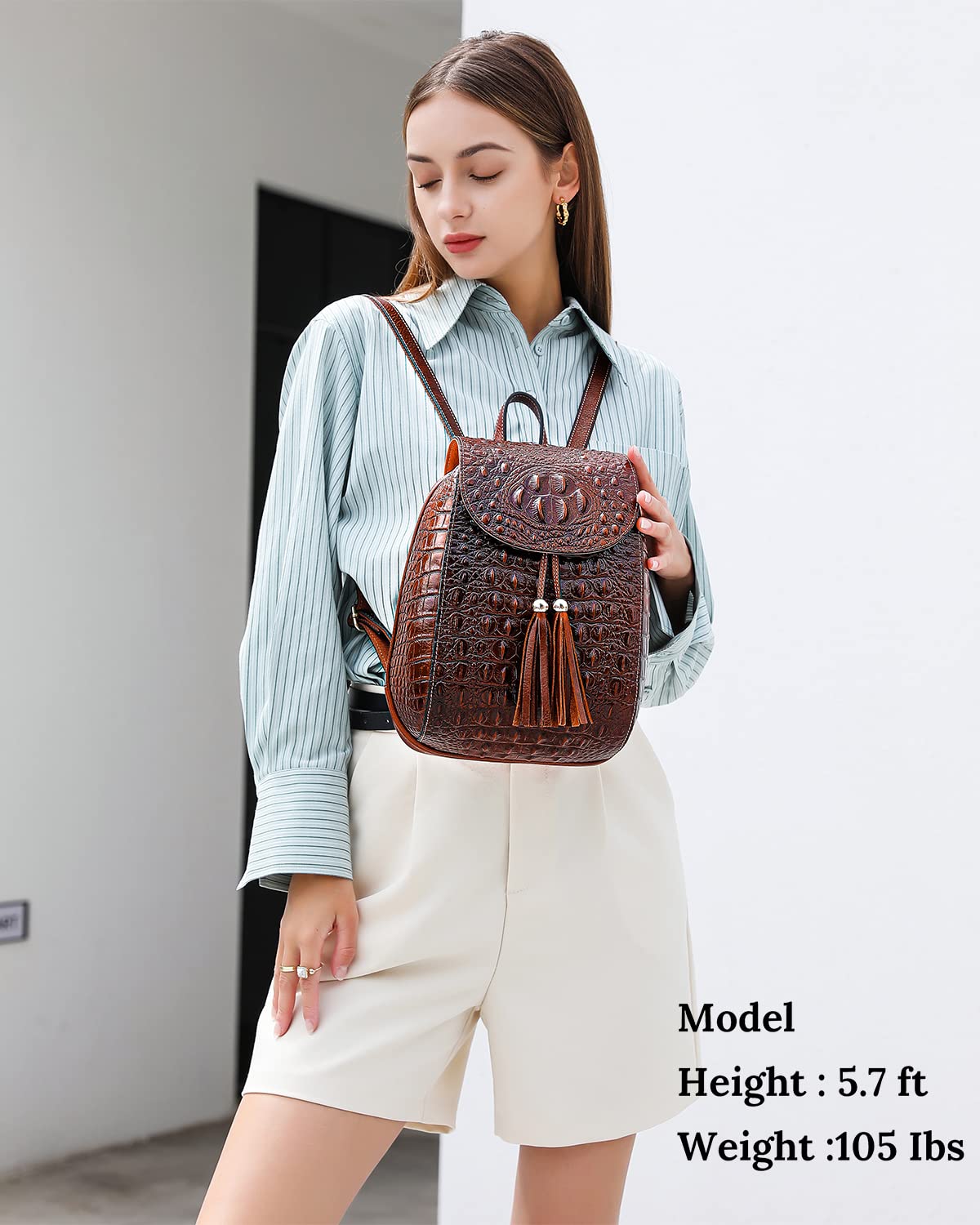 COOLCY Women Small Genuine Leather Backpack Purse Crocodile Designer Bag (Dark Brown)