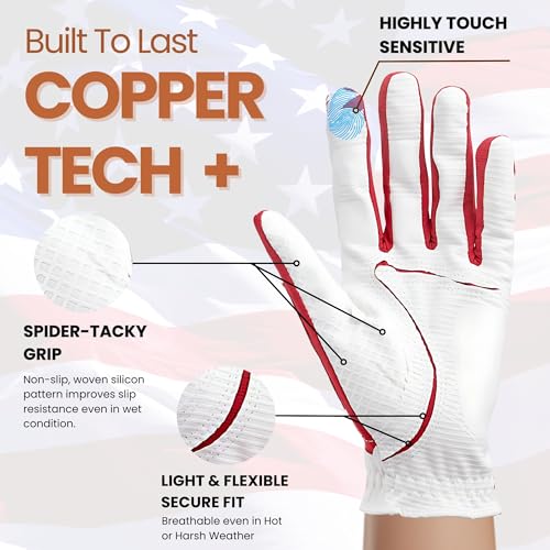 Copper Tech Plus Men's Golf Gloves Right Hand - USA Flag Golf Glove with Ball Marker - Perfect for Summer Golfing - 100% AAA Tacky Synthetic Leather Only (Hand Orientation: Right, X-Large)