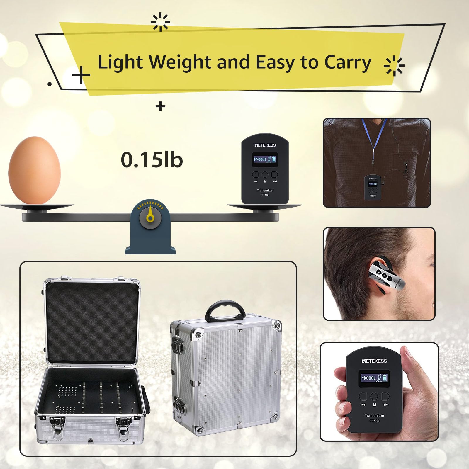 Retekess TT106 Church Translation System, Portable Wireless Tour Guide System, Easy to Clean, Clear Sound Quality, Interpretation System for Churches,Factory (Case of 1 Transmitter and 15 Receivers)