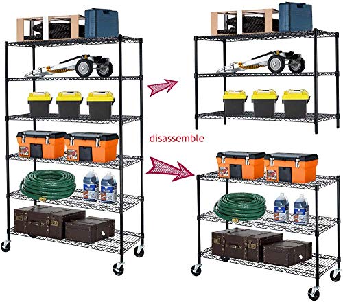 Heavy Duty 6 Tier Wire Shelving Unit Adjustable Storage Rack on Wheels 6000 Lbs Weight Capacity Metal Shelves Space Saving Wire Shelf Multifunctional Garage Shelving for Commercial Storage, Black