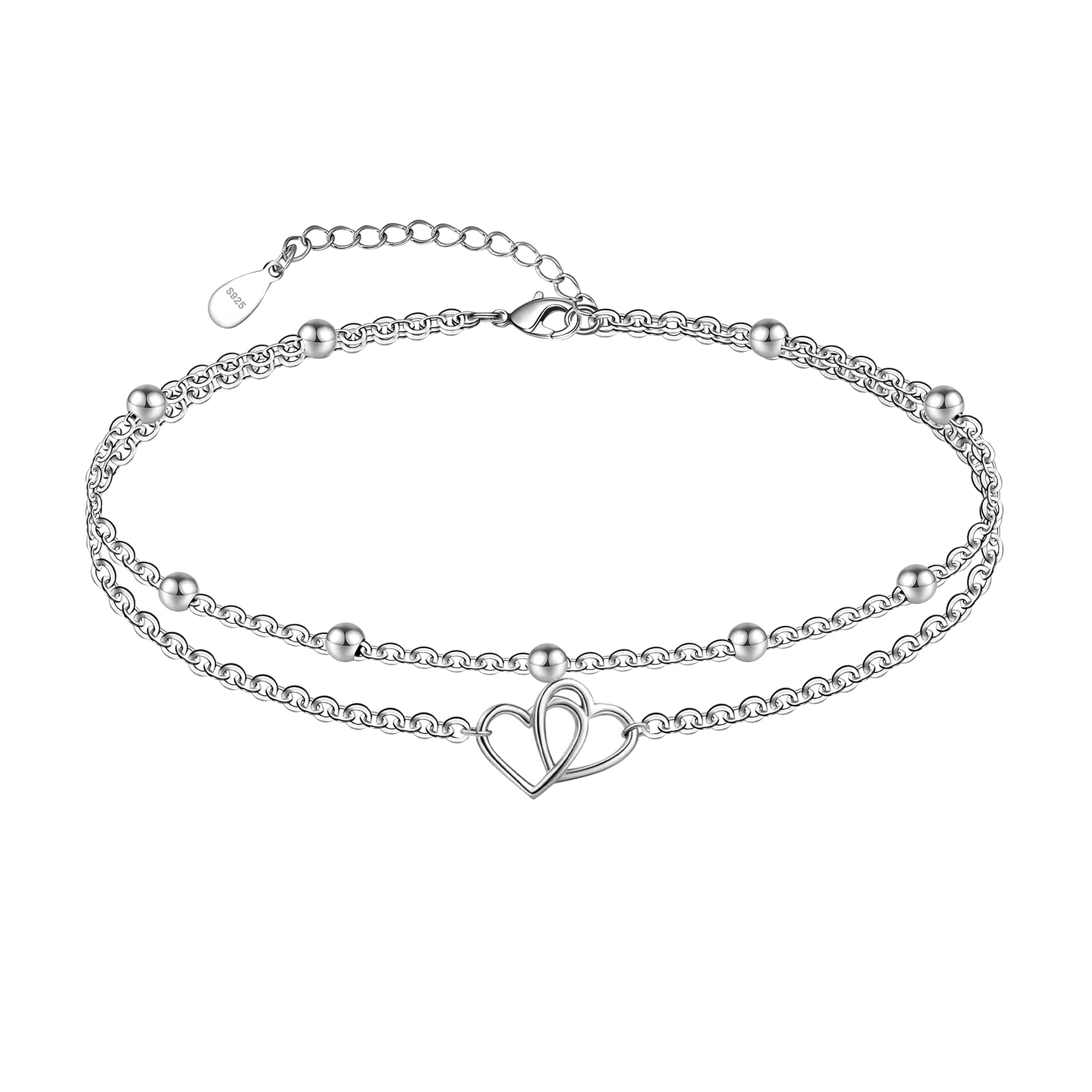CHIC & ARTSY Double Heart Anklet 925 Sterling Silver Heart Anklets for Women Adjustable Layered Beach Anklets 11 Inches Boho Double Chain 2 Heart Ankle Bracelet