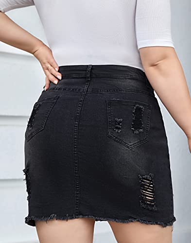 PYL Women Plus Size Distressed Jean Short Denim Skirt, Raw Hem Casual Bodycon Black