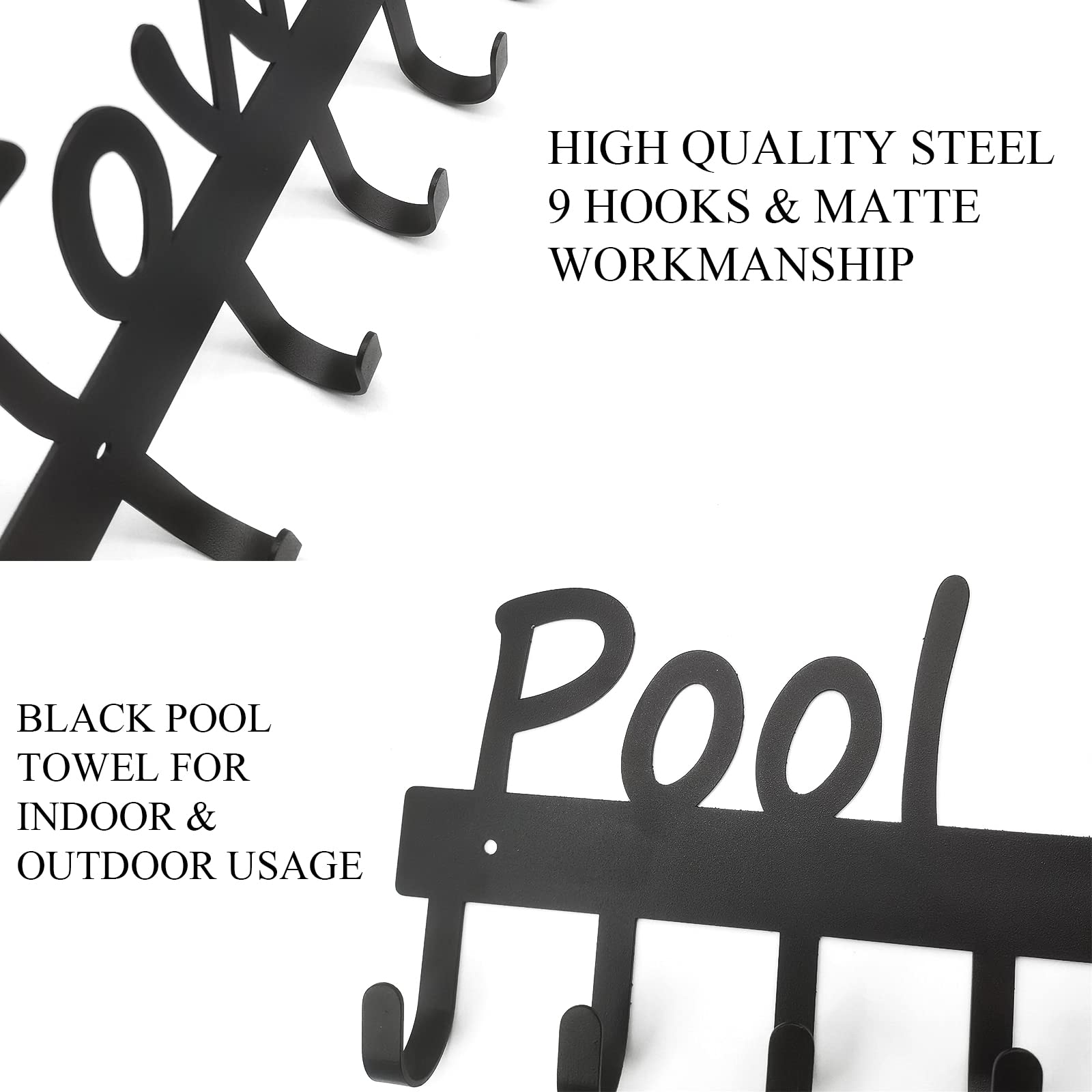 GreatMH Black Pool Towel Rack Outdoor Towel Rack for Pool Towel Hooks Towel Hanger for Bathrobes Clothes 9 Hooks (Black Hot Tub)