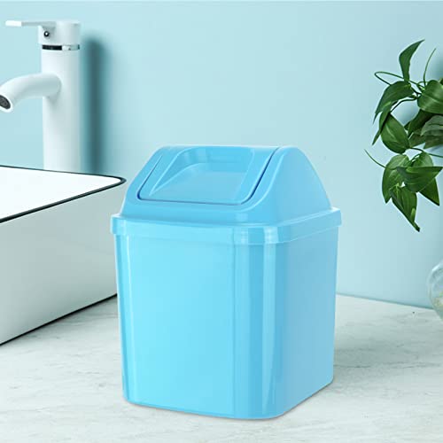 QLFJ-FurDec 2 Pcs Plastic Mini Wastebasket Trash Can with Swing Lid with 4 Rolls of Trash Bags, Tiny Desktop Waste Garbage Bin for Home, Office, Kitchen, Vanity Tabletop, Bedroom, Bathroom(Blue + Purple)