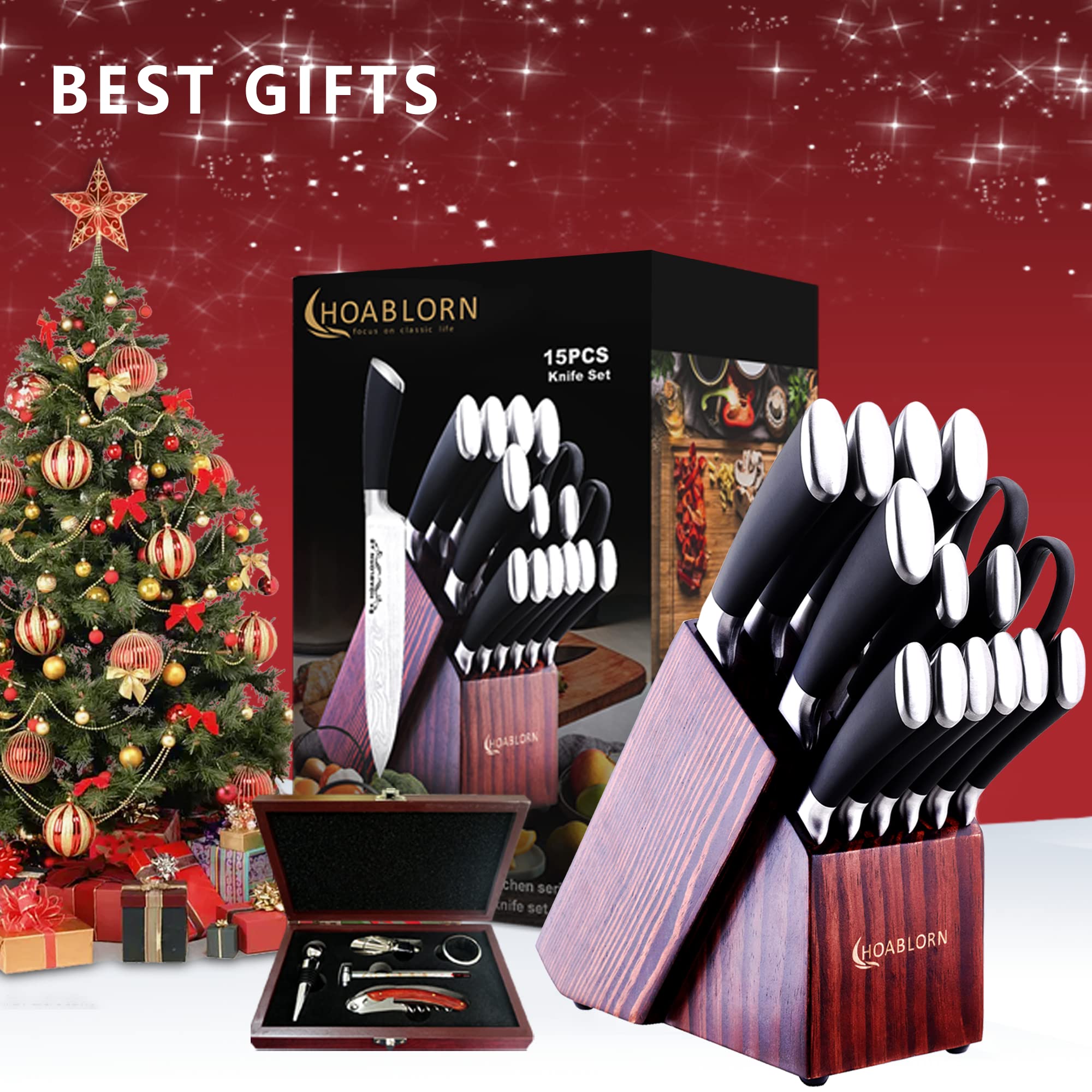 Knife Set Kitchen Knife Set with Knife Block, 15-Piece Professional Stainless Steel Damascus Set with Built-in Knife Sharpener and Free Wine Box,Great Gift Idea!