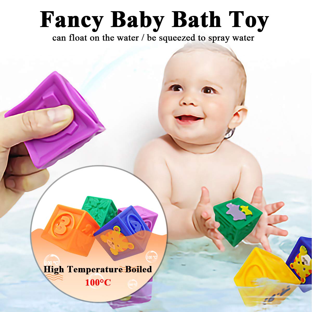 Kingtree Baby Blocks, 9PCS Soft Squeeze Building Blocks Stacking Toys for 6+ Months Babies, Baby Teething Chewing Educational Blocks Set with Numbers Animals Shapes Textures