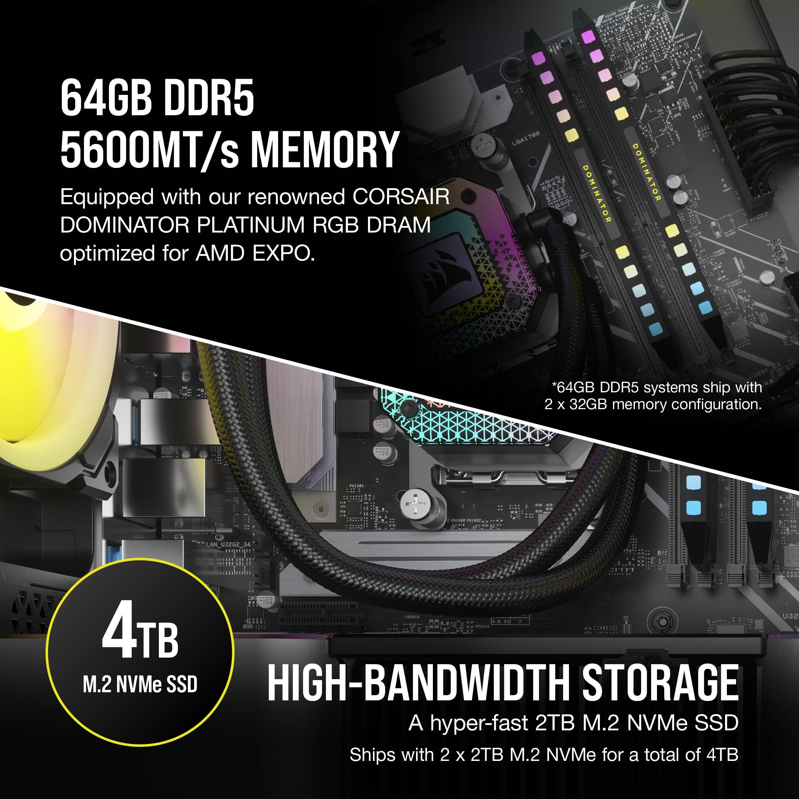 Corsair Vengeance a8100 Series Gaming PC - Liquid Cooled AMD Ryzen 9 7950X CPU - NVIDIA GeForce RTX 4090 GPU - 4TB (2X 2TB) M.2 SSD - 64GB Dominator Platinum RGB DDR5 Memory - Black