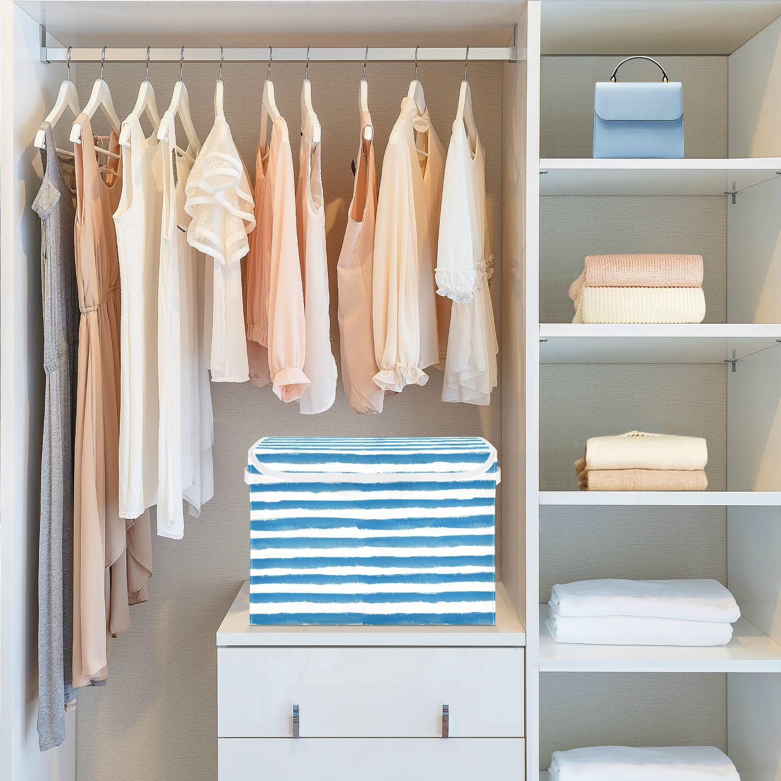 Gredecor Blue-white Stripes Large Storage Basket Bins with Lid Storage Boxes Organizer with Handle 16.5"x12.6"x11.8" Collapsible Storage Cube for Toys Bedroom Nursery Home