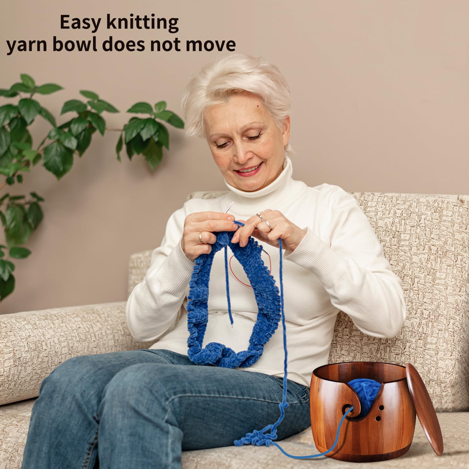 Foxyoo Yarn Bowl for Crocheting - 7x5in Large Wood Knitting Bowl with Lid
