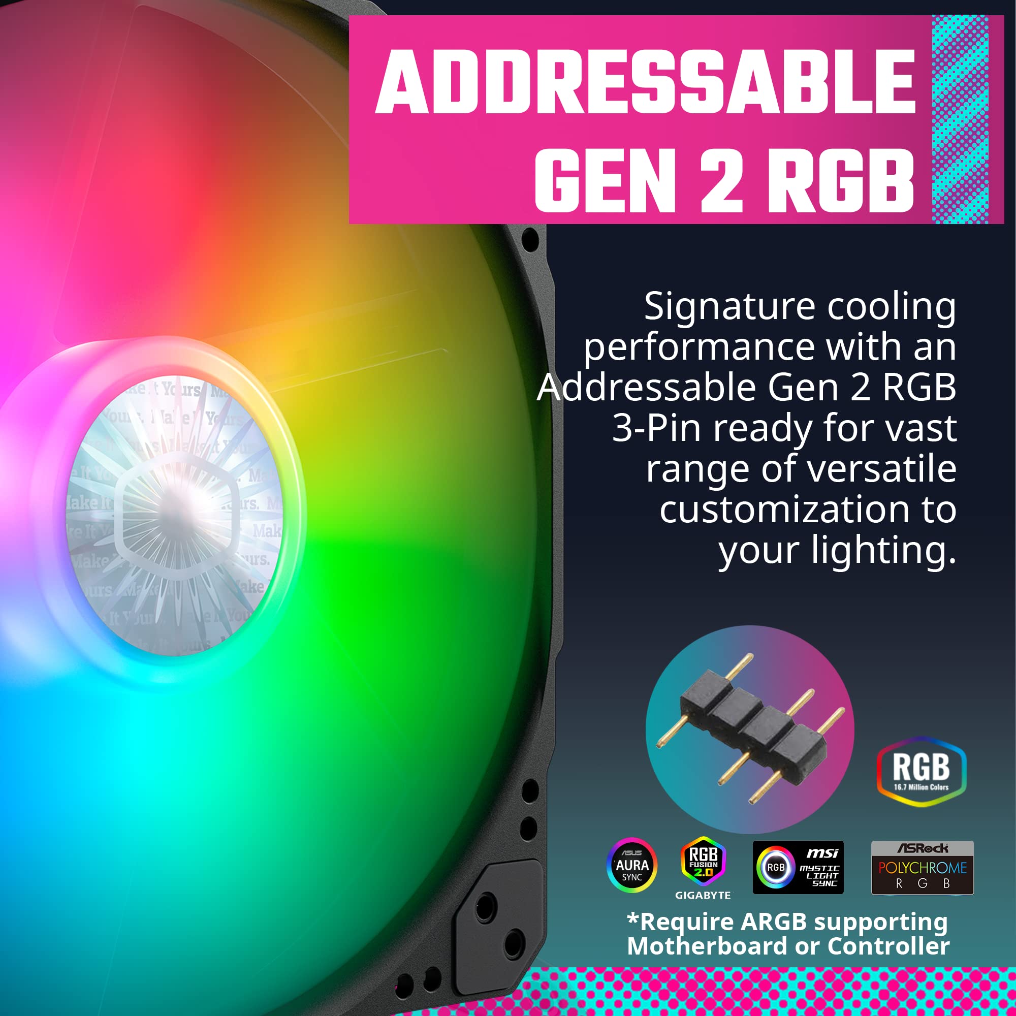 Cooler Master SickleFlow 200 ARGB Gen 2 Square Frame Fan, Customizable LEDS, Air Balance Curve Blade, Sealed Bearing, PWM Control for Computer Case