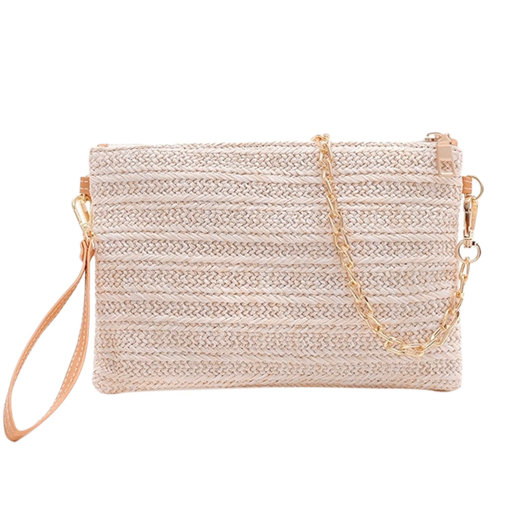 ZLM BAG US Natural Straw Boho Purse Zipper Wristlet Handbag Handmade Straw Crossbody Shoulder Bag