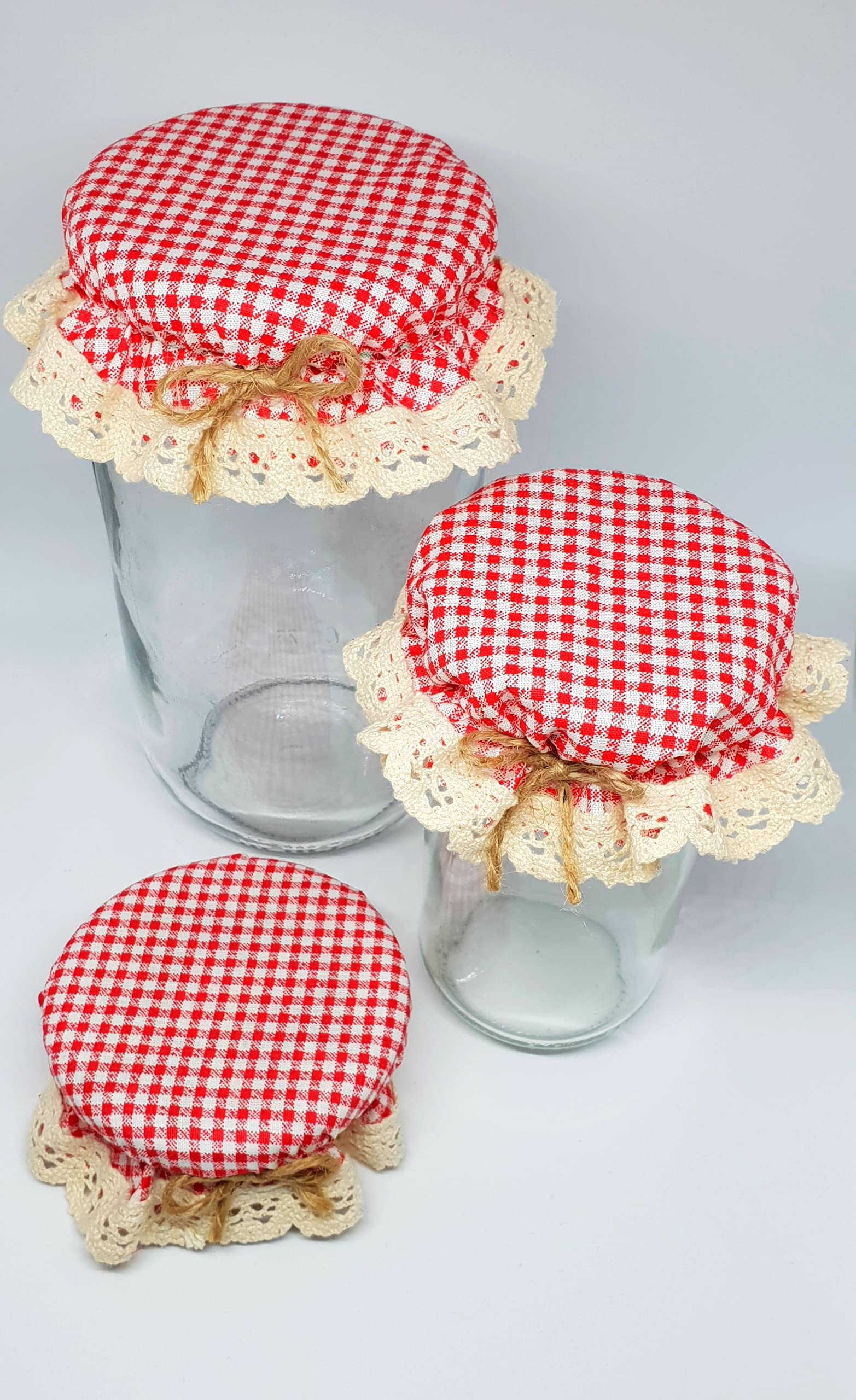 DLK - 10 pieces Elasticated Jar Cover Cloth - 100% Cotton Jar Cover Cloth - Stretchy Red Gingham (Checkered) Pattern - Breathable Fermentation Lid Bowl - Reusable Elastic Cloth Jar Covers