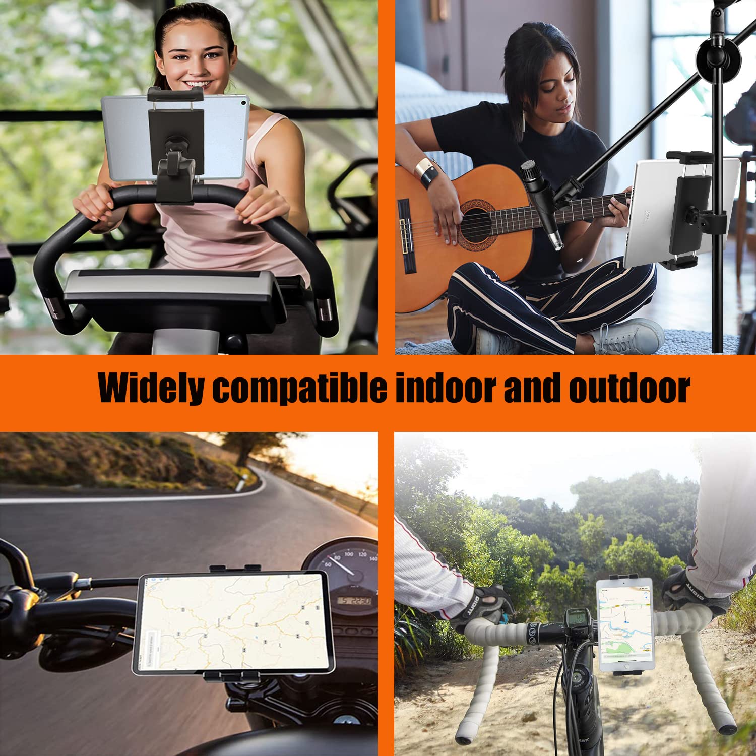 Kolasels Bike Handlebar Tablet Mount for 4-13" iPad & Phone, Motorcycle Handlebar Tablet Holder with Super C-Clamp for Microphone/Bicycle/Treadmill/Elliptical, Fit for iPad Pro, Air, Mini, iPhone