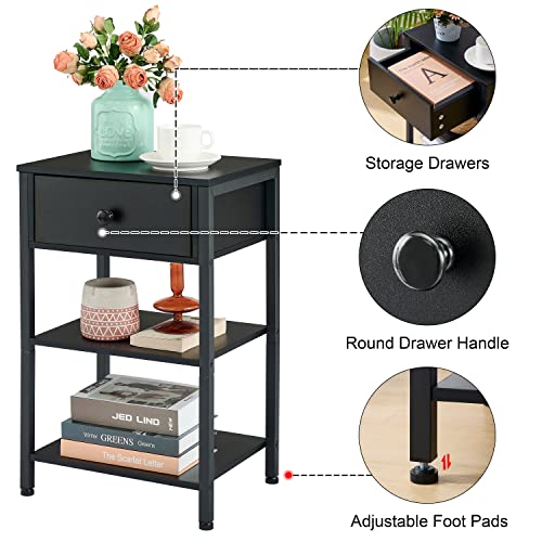 Hoctieon Nightstand, Nightstand with Drawer, Small Bedside Table, End Table with Drawer, Small Nightstand, Industrial Nightstand, Easy Assenbly, for Bedroom, Living Room, Office, Wood, Black