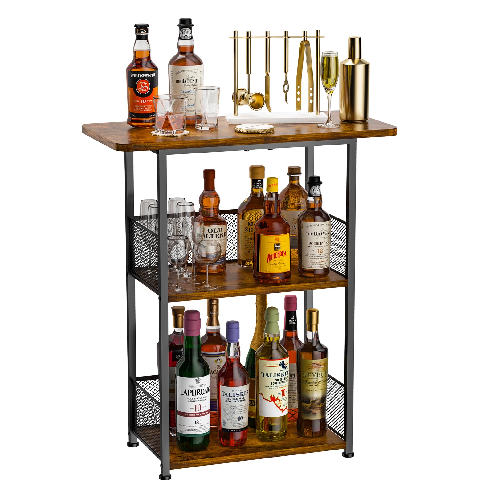 Eyteenokk Floor Standing Freestanding Whiskey Rack: 3 Tier Wine Rack Mini Bar Table Corner Wine Bottle Display Stand Liquor Cabinet Bar, for Bottles,Cocktail Shaker,Mugs