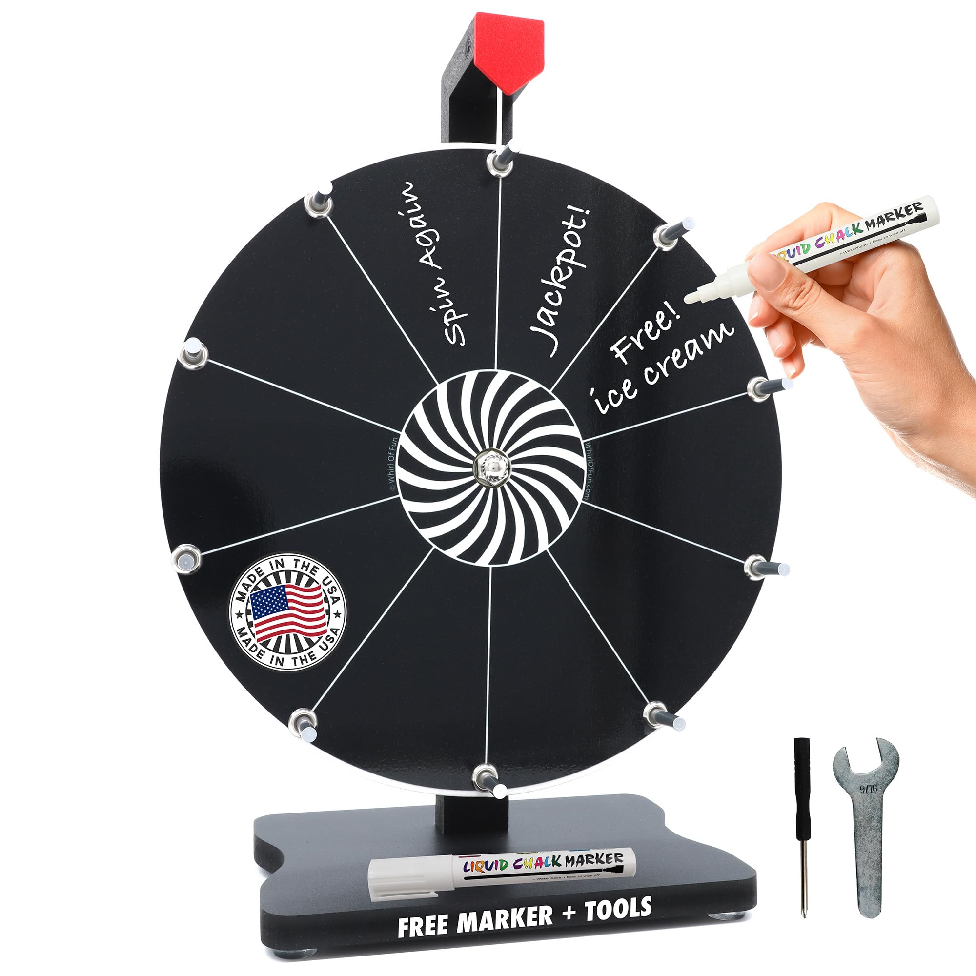 Whirl of Fun 12 inch Black Prize Wheel - Spinning Wheel for Prizes with Stand, 10 Slots, Customize Erasable Dry Erase Surface, Portable, Tools Included, Made in USA