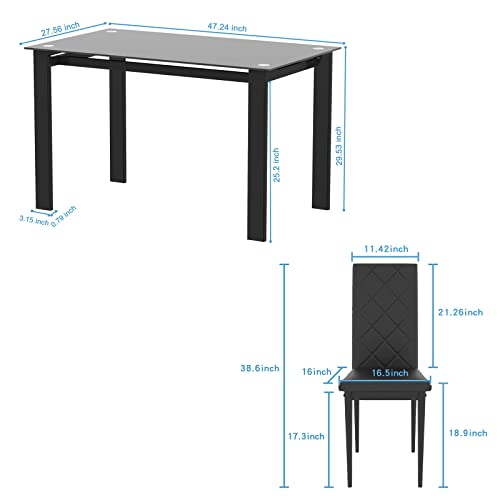 Yoglad Dining Table and Chairs, Dining Table/Chairs Set, Simple Style Table with Tempered Glass Top, Clean-Cutting Faux Leather Chairs, for Kitchen & Dining Room (Chairs*4 & Table*1, Set of 5, Black)