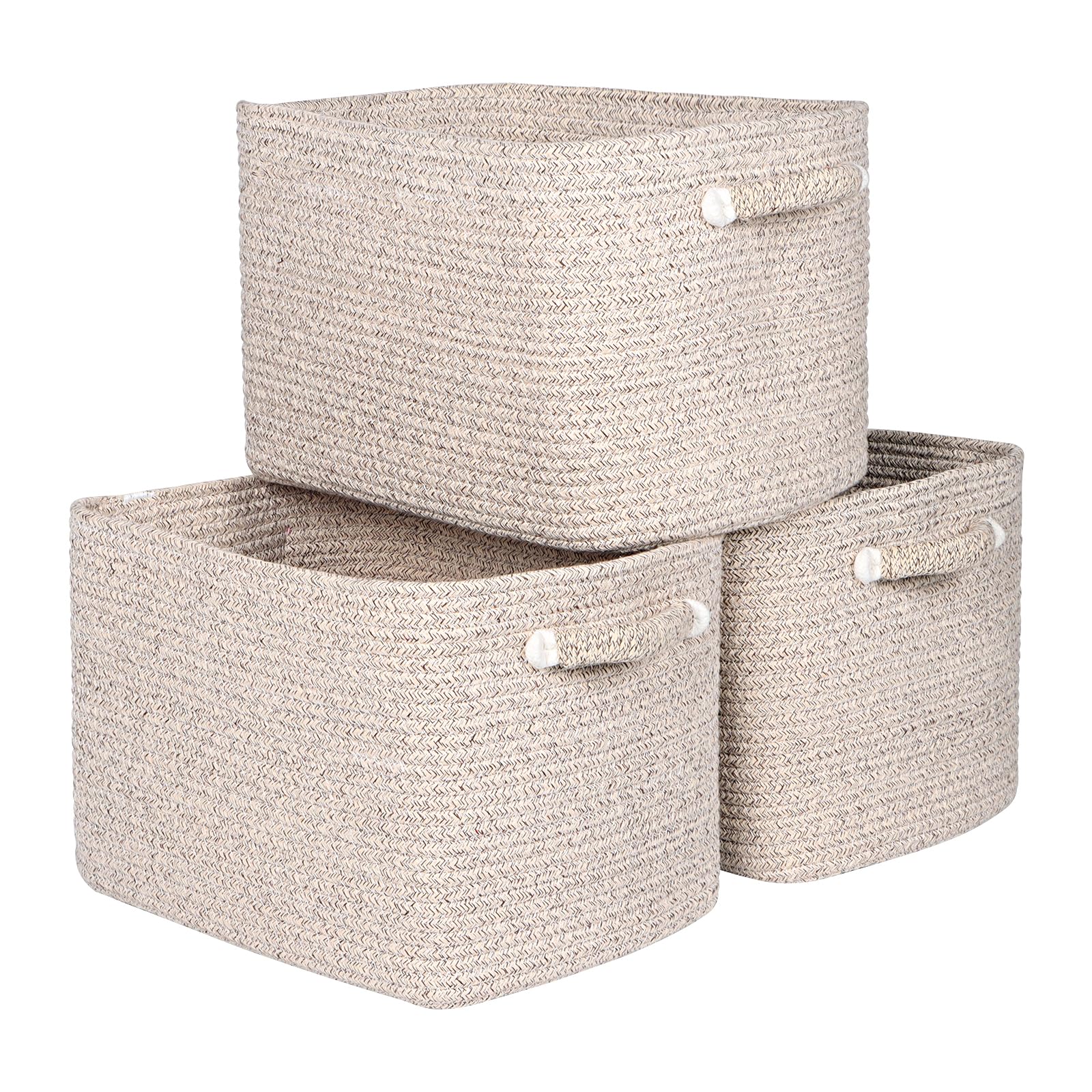 Kntiwiwo Storage Baskets for Organizing 15”x11”x10” Rope Storage Baskets for Shelves with Handles, Decorative Closet Baskets & Bins, Large Woven Baskets for Storage, Beige & Brown