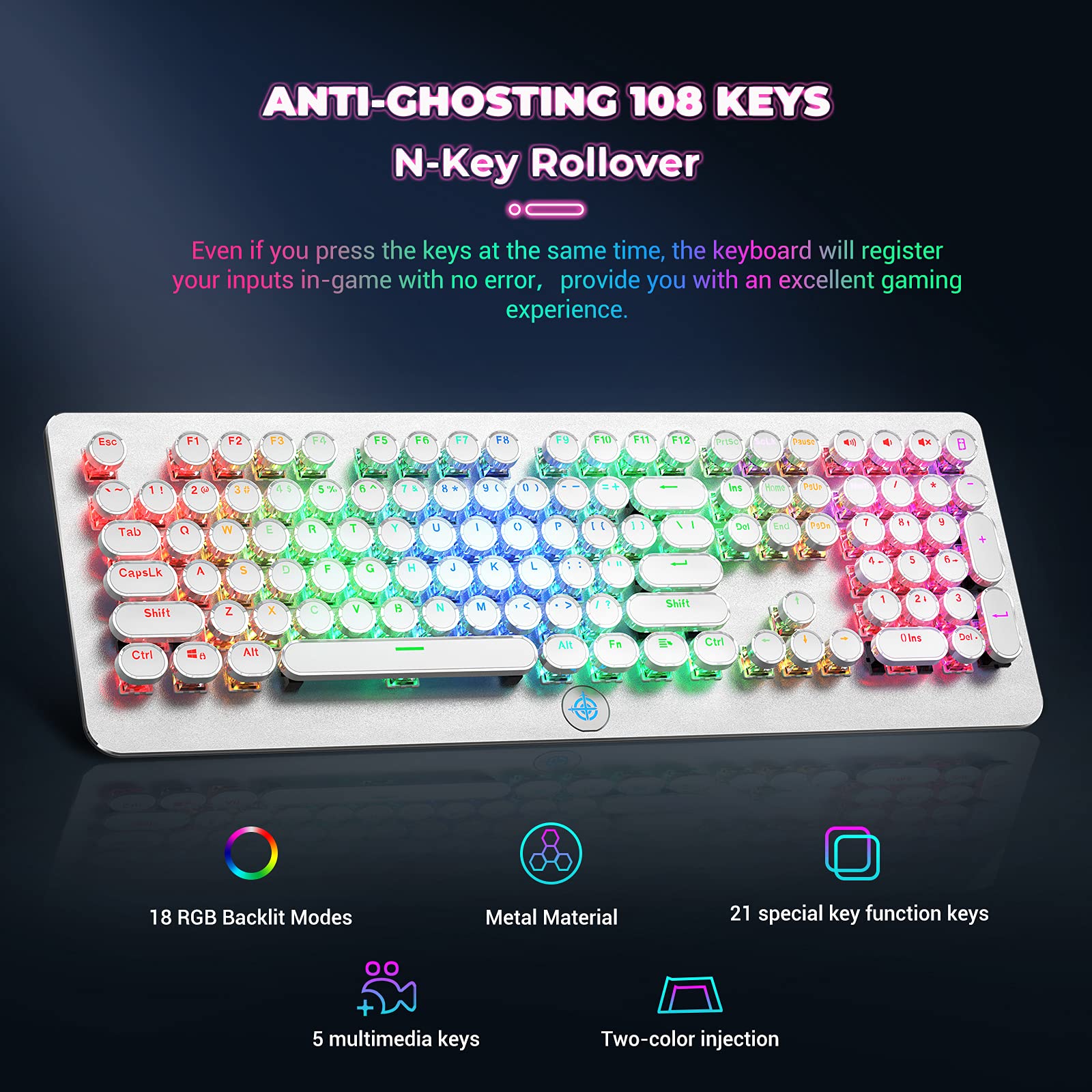 STOGA Retro Mechanical Keyboard, Typewriter Keyboard, RGB Gaming Keyboard with RGB Backlit, Wired White Keyboard with Round Keycaps and Multimedia Keys for Gaming/Office(108 Keys, Brown Switch)
