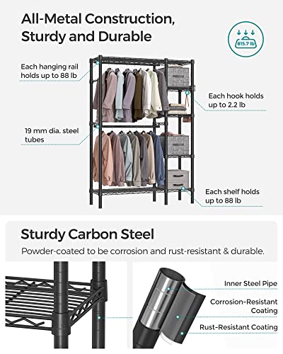 SONGMICS Garment Rack Heavy Duty Clothes Rack, Freestanding Portable Wardrobe Closet for Hanging Clothes with 2 Storage Boxes, 8 Hooks, Adjustable Wire Shelves, 2 Hanging Rods, Black ULGR422B01