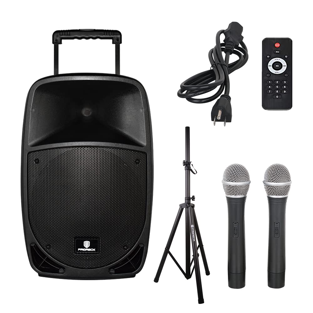 PRORECK Freedom 15 Portable 15-Inch 800 Watt 2-Way Rechargeable Powered Dj/PA Speaker System with Bluetooth/USB/SD Card Reader/FM Radio/Remote Control/Wireless Microphones/Speaker Stand