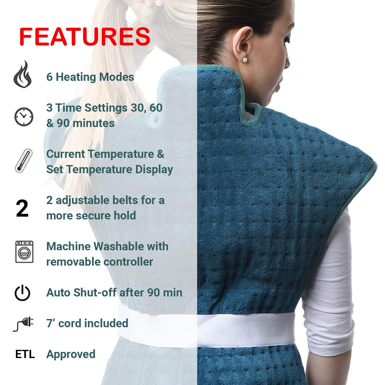 ComfySure Heat Pad for Neck and Shoulders - Full Back Heating Pad for Back Pain Relief - Extra Large (24”x37"), Uniform Heat Distribution, Auto Shut Off and Overheat Protection