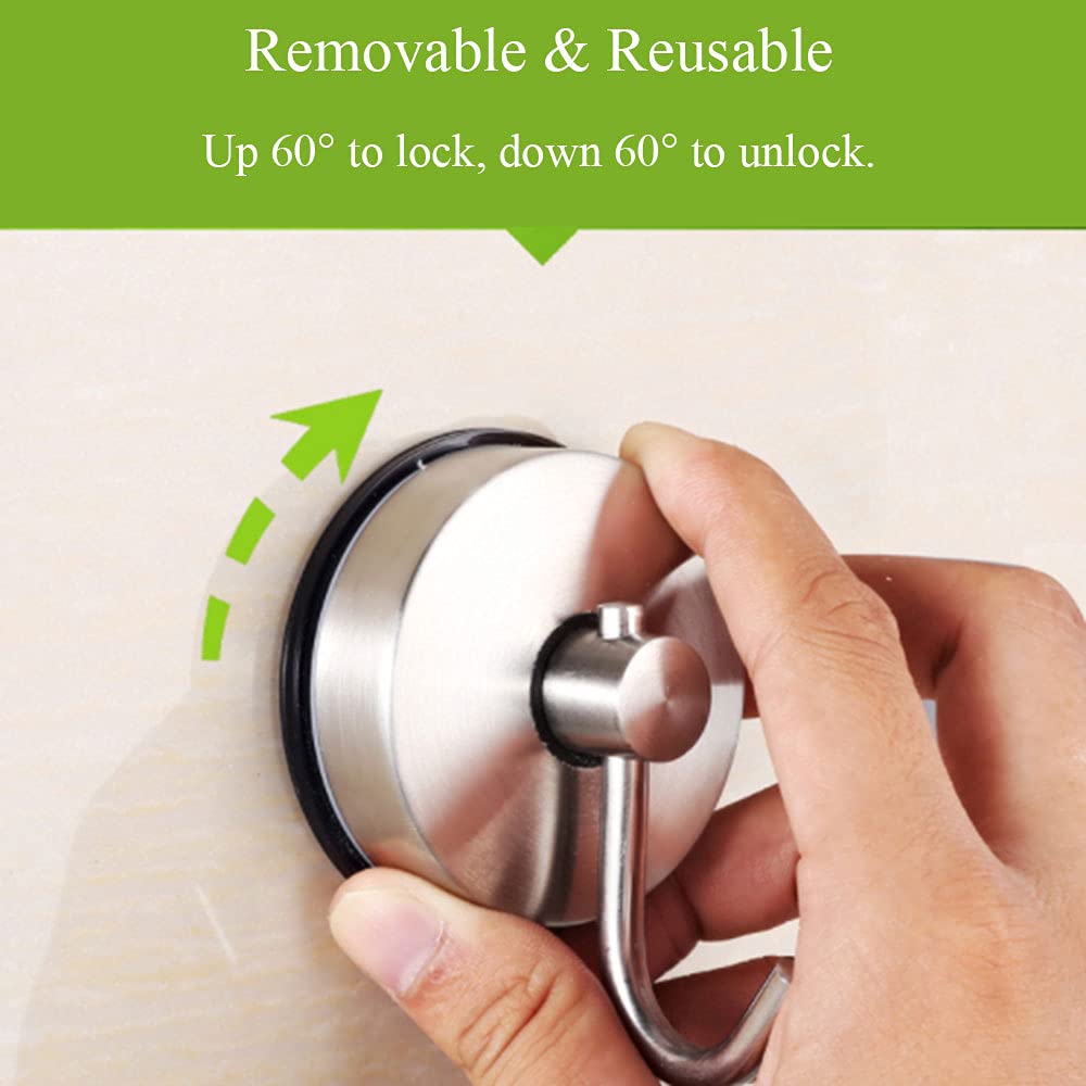 SagaSave 2 Pcs Heavy Duty Vacuum Suction Cup Hooks Stainless Steel Wall Mount Reusable Hook Brushed Nickel Silver Shower Hooks for Hanging Shower Towel, Coat,Kitchen Pots Pans