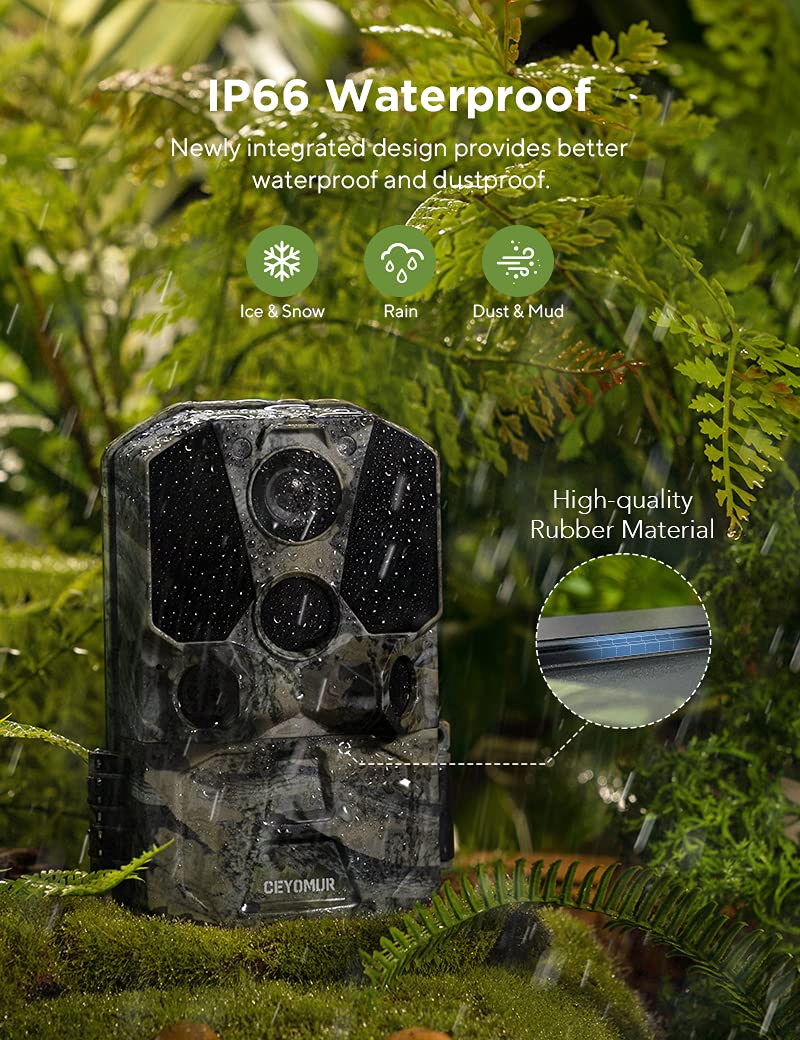 CEYOMUR Trail Camera, WiFi Bluetooth Native 30MP 1296P Hunting Camera with 120° Motion Sensor 0.2s Trigger Time Trail Game Camera with IR Night Vision and IP66 Waterproof for Wildlife Monitoring