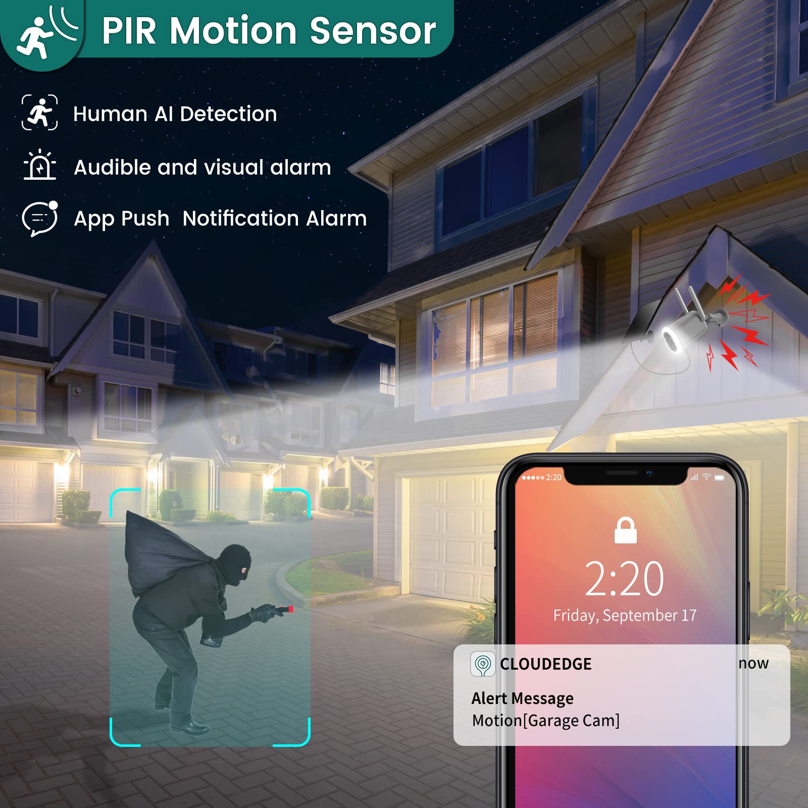 EUKI Solar Security Camera, 2K Security Camera Outdoor, Floodlight Camera, 800 Lumen LED, WiFi, Wireless, Full Color Night Vision, AI Human-Detection, Audible and Visual Alarm, Battery Solar Powered.