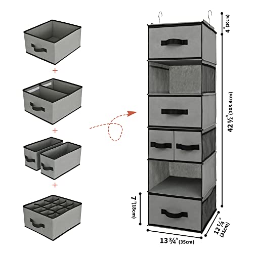 GRANNY SAYS Hanging Closet Organizer 6 Shelves, Closet Organization and Storage with 5 Different Drawers, 6 Side Pockets Wardrobe Clothes Organizer for Closet, Gray, 1-Pack