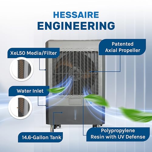 Portable Swamp Coolers - 5300 CFM MC61M Evaporative Air Cooler with 3-Speed Fan - Water Cooler Fan 1600 Sq. ft. Coverage High Velocity Outdoor Cooling Fan Swamp Cooler by Hessaire - Gray