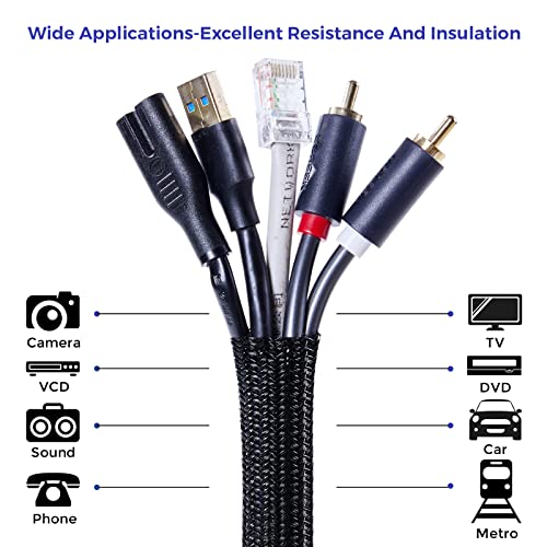 Cord Sleeves for Cables 1/2in - 5ft Split Braided Cable Sleeve Black, Hard PE Cord Protectors from Pets,Keep Cats from Chewing Cords, Flexible Wire Wrap Sleeving Wire Sleeve for Computer Automotive