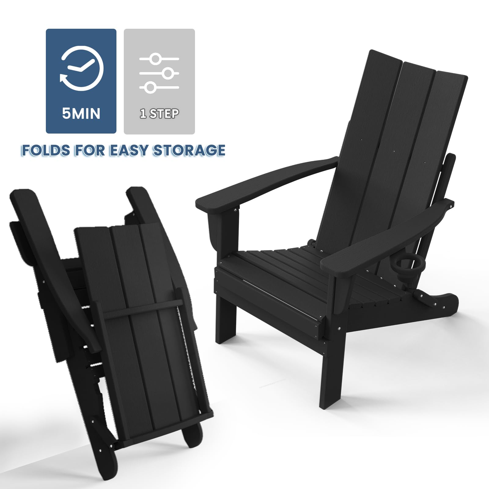 Folding Adirondack Chair Set of 4 with Cup Holder, Poly Lumber Patio Chairs, Wood Texture, Pre-Assembled Weather Resistant Outdoor Chairs for Pool, Deck, Backyard, Garden, Fire Pit Seating, Slate Gray