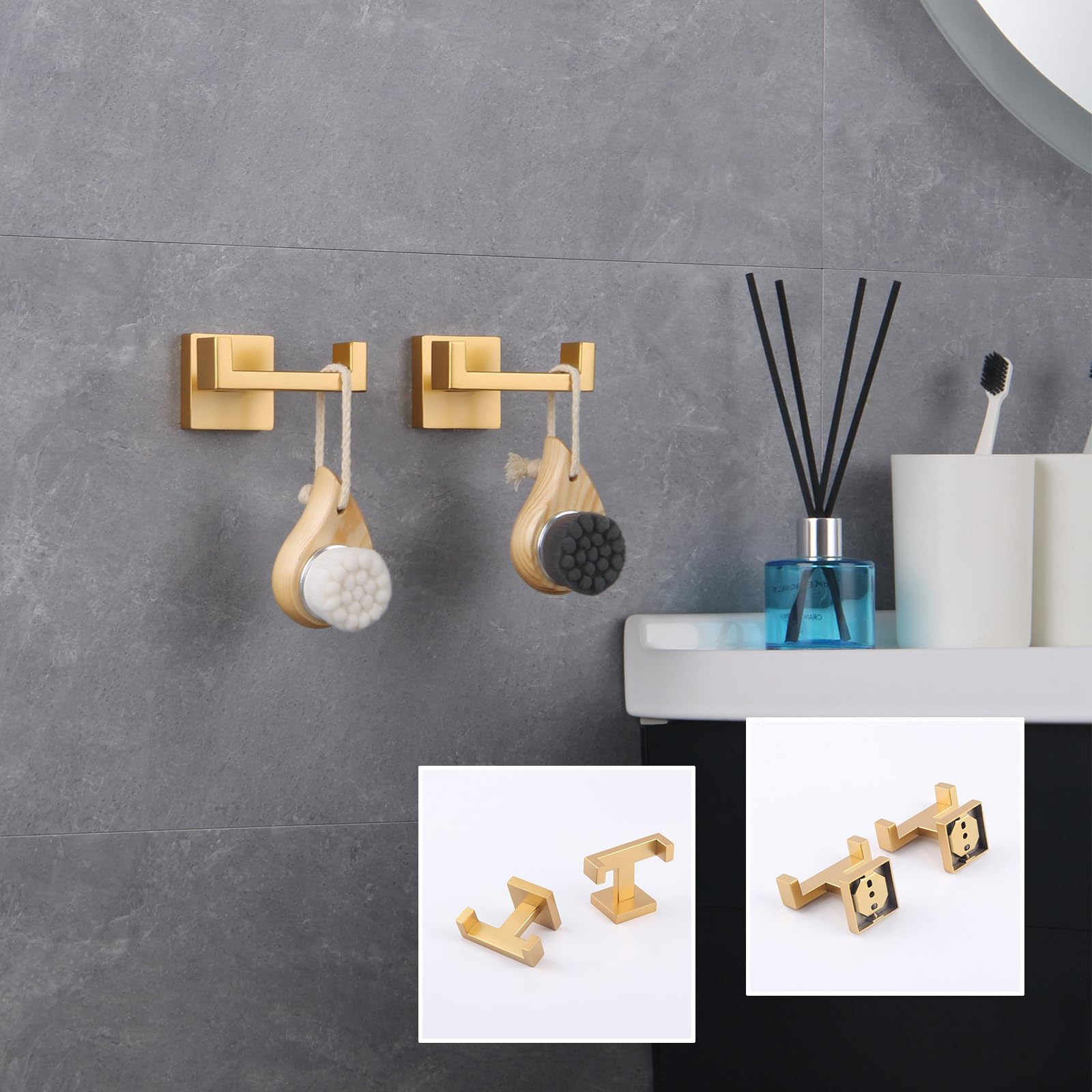 GERZWY Bathroom Double Towel Hook Gold Stainless Steel Wall Mounted Coat/Robe Clothes Hook for Bath Kitchen 2 Pack
